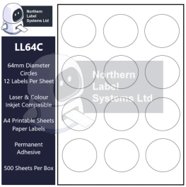 LL64C A4 Labels, 12 Per Sheet, 64mm Circles