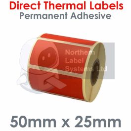 50mm x 25mm Red Direct Thermal Labels - 500 Per Roll - Mobile Labels